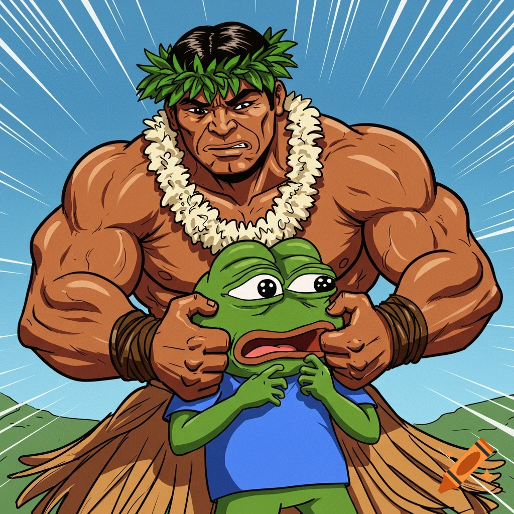 Muscular Hawaiian man holds the face of a Pepe frog in a cartoon illustration. on Craiyon