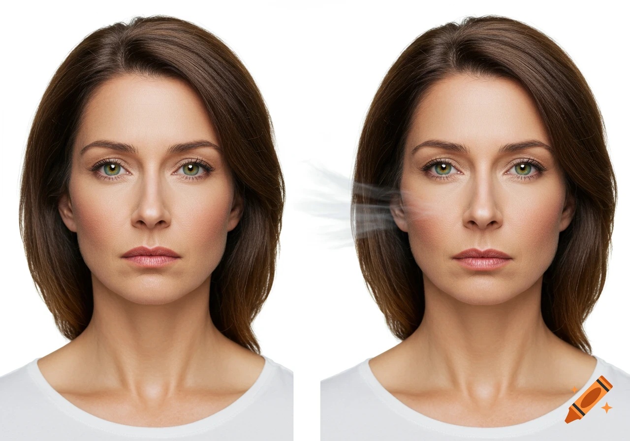 Side-by-side photorealistic portrait of a woman showing inhaling on the ...