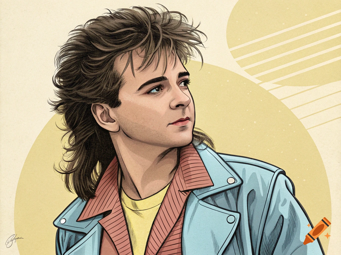 Cartoon portrait of a man with a mullet hairstyle wearing an 80s jacket ...