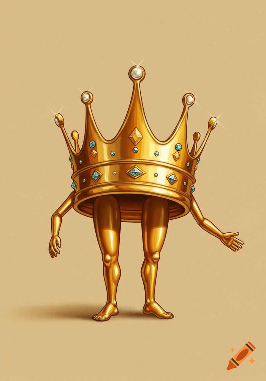 A golden crown stands on two human-like legs with arms extended ...