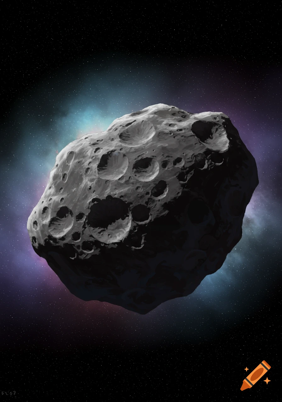 A large grey asteroid floats in space against a backdrop of colorful nebula and stars. on Craiyon