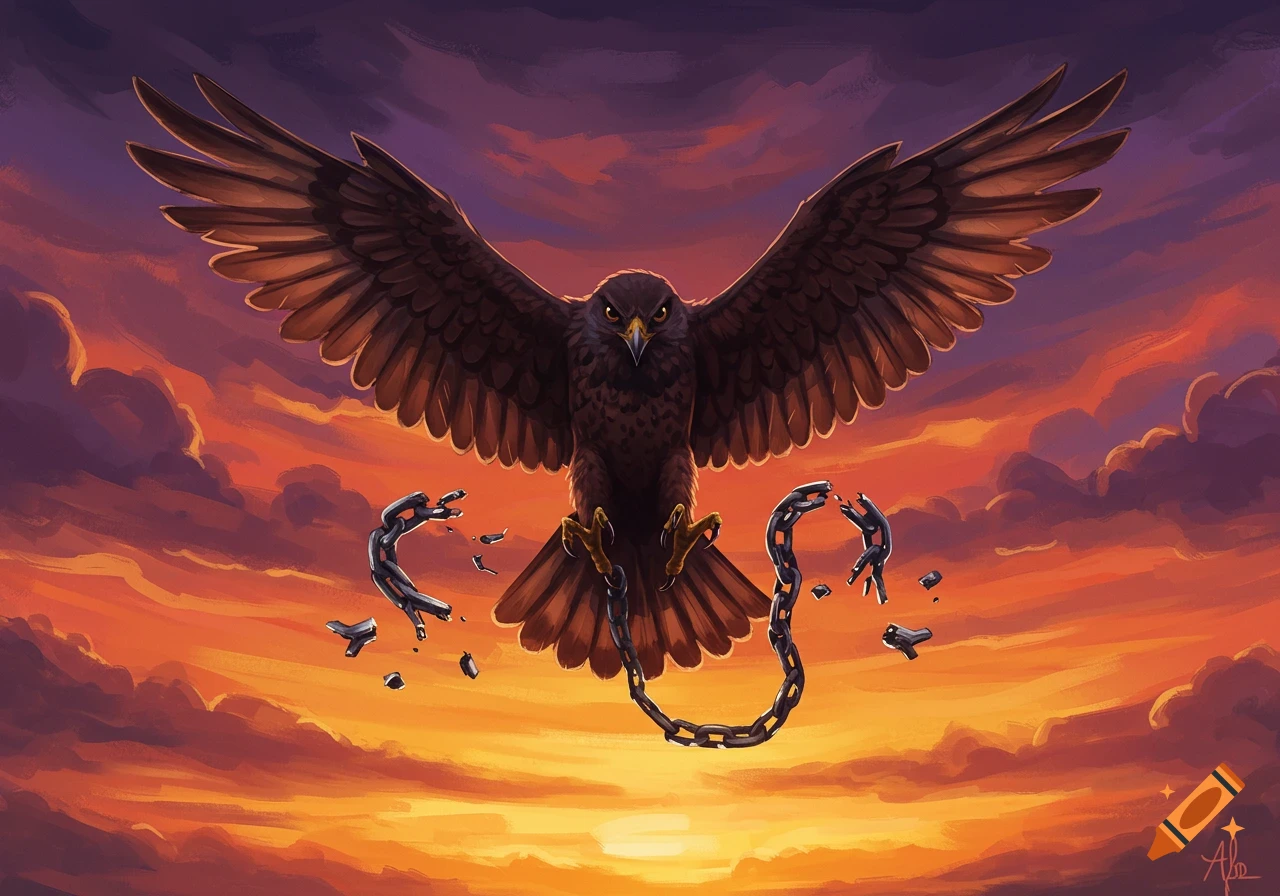 An eagle breaks chains while flying against a dramatic sunset. on Craiyon