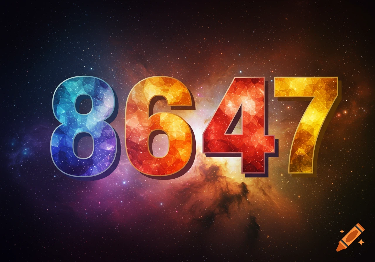 Colorful faceted numbers 8647 against a starry space background. on Craiyon