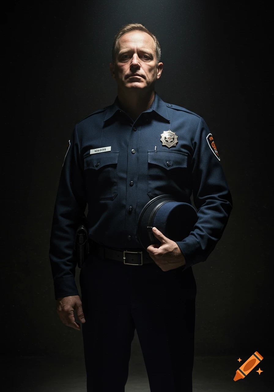 Dramatic portrait of a man in a dark blue police uniform holding his ...