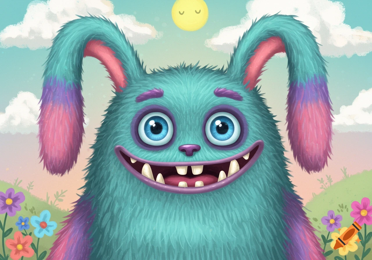 A fuzzy blue monster with long pink and purple bunny ears and a wide ...
