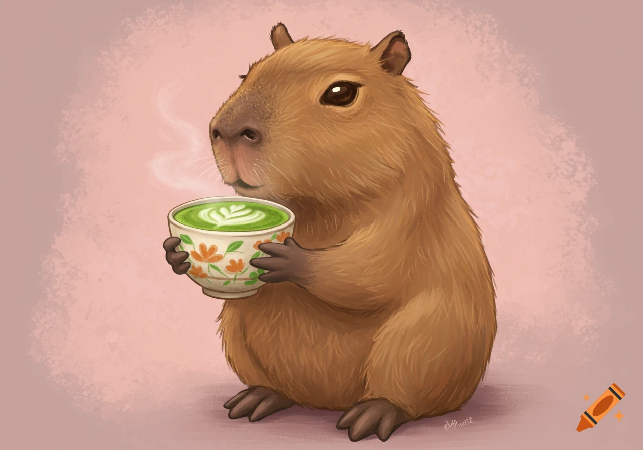 A cute capybara holds a cup of matcha tea with latte art in an ...