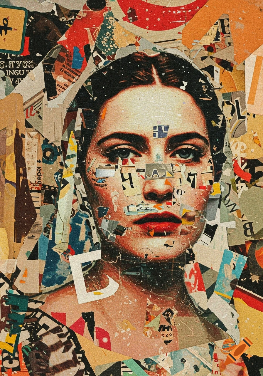 Portrait of a woman created in a Dadaism collage style using torn paper ...