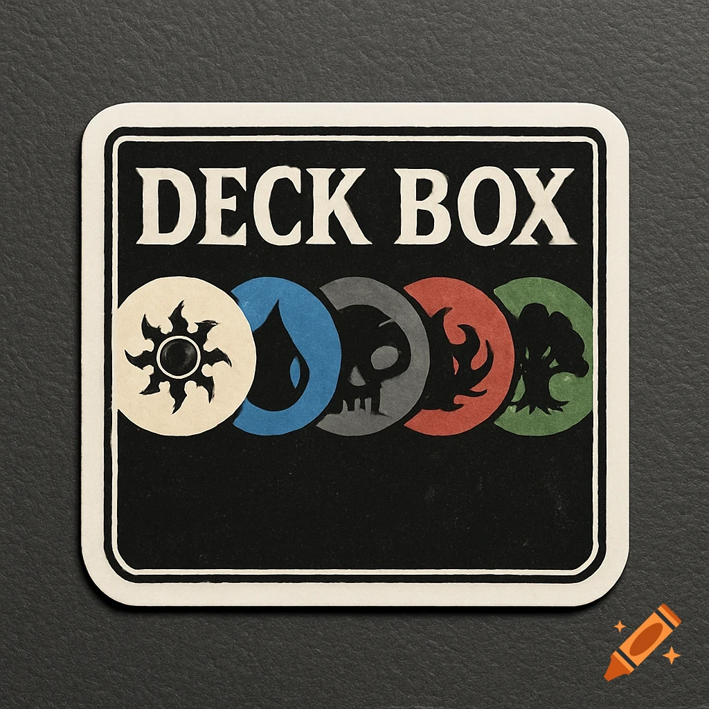 Sticker for a Magic: The Gathering deck box with mana symbols. on Craiyon