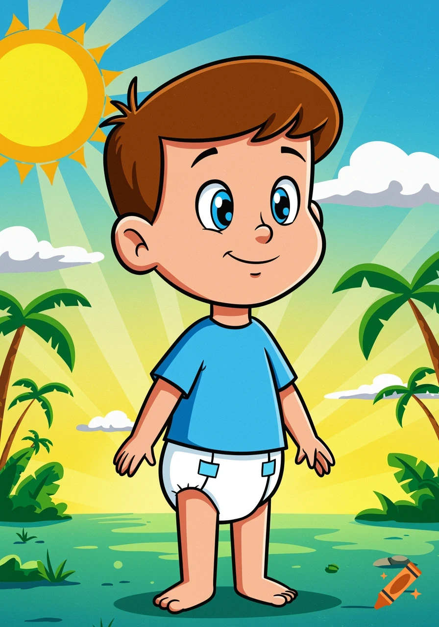 Cartoon illustration of a boy in a diaper standing in a tropical ...