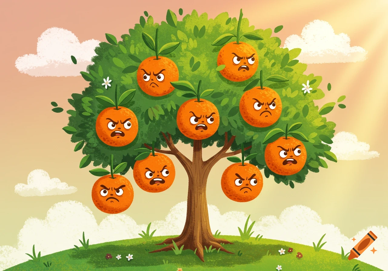 Cartoon illustration of an orange tree with angry-faced oranges on a ...