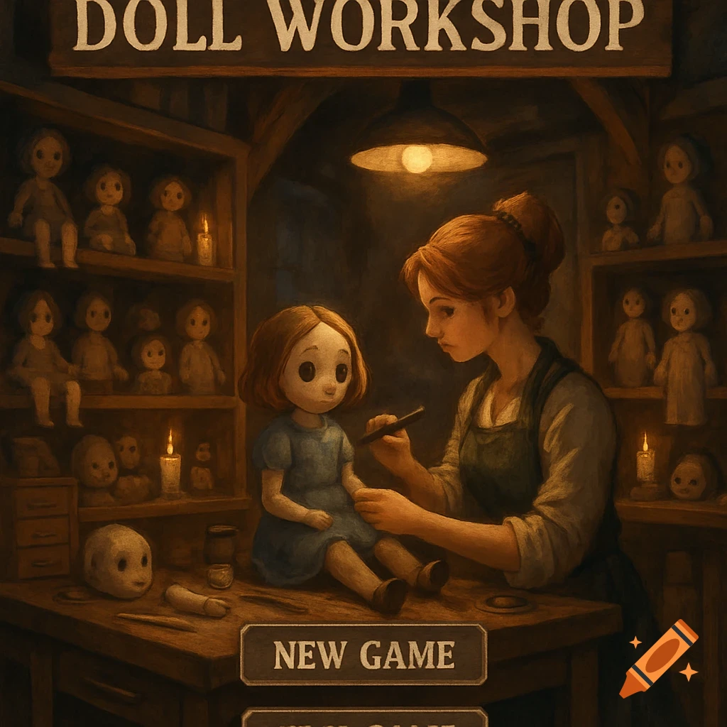 Illustration of a woman working on a doll in a workshop filled with dolls, with game menu ...