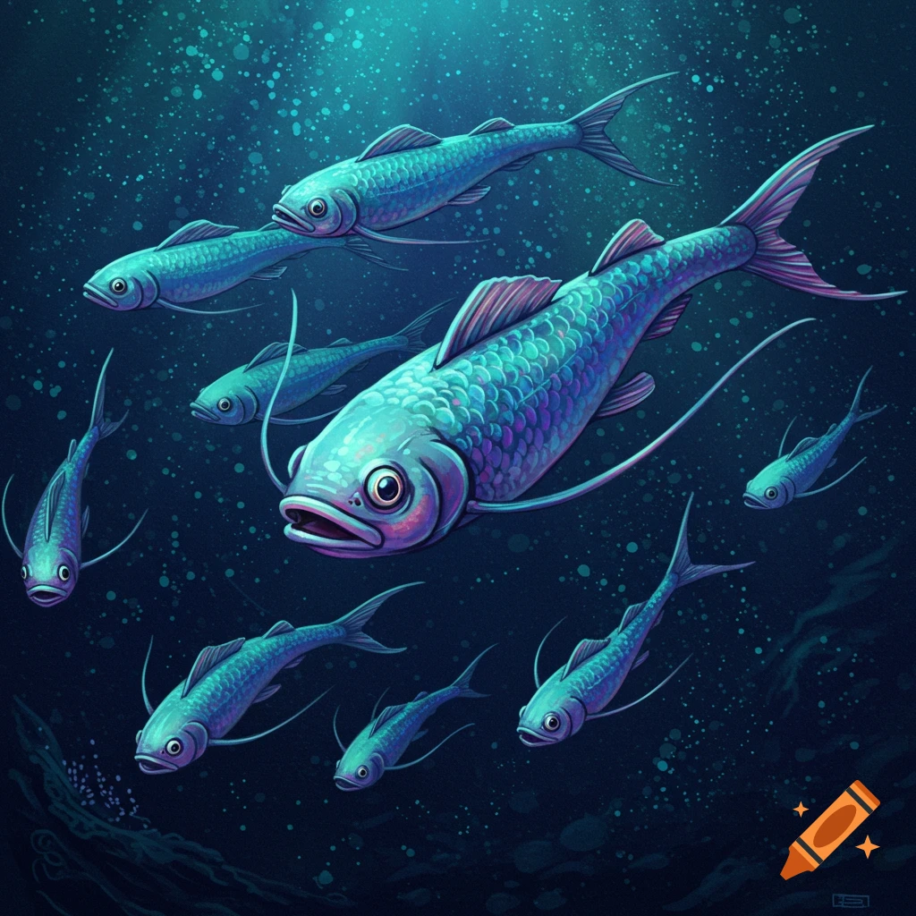 Illustration of multiple blue and purple fish swimming underwater. on ...