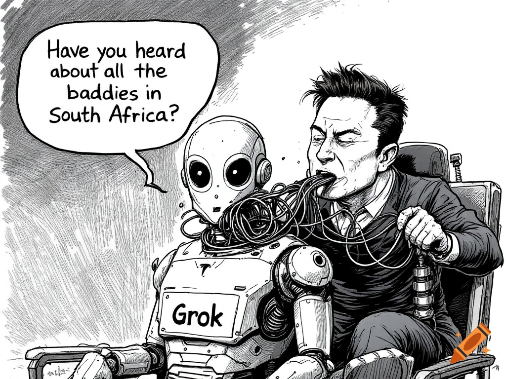 Black and white political cartoon of Grok robot asking about "baddies ...