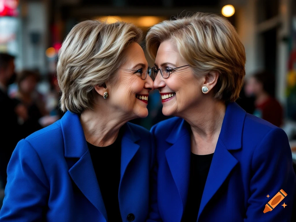 Hillary Clinton and Elizabeth Warren cheek to cheek sharing a blue ...