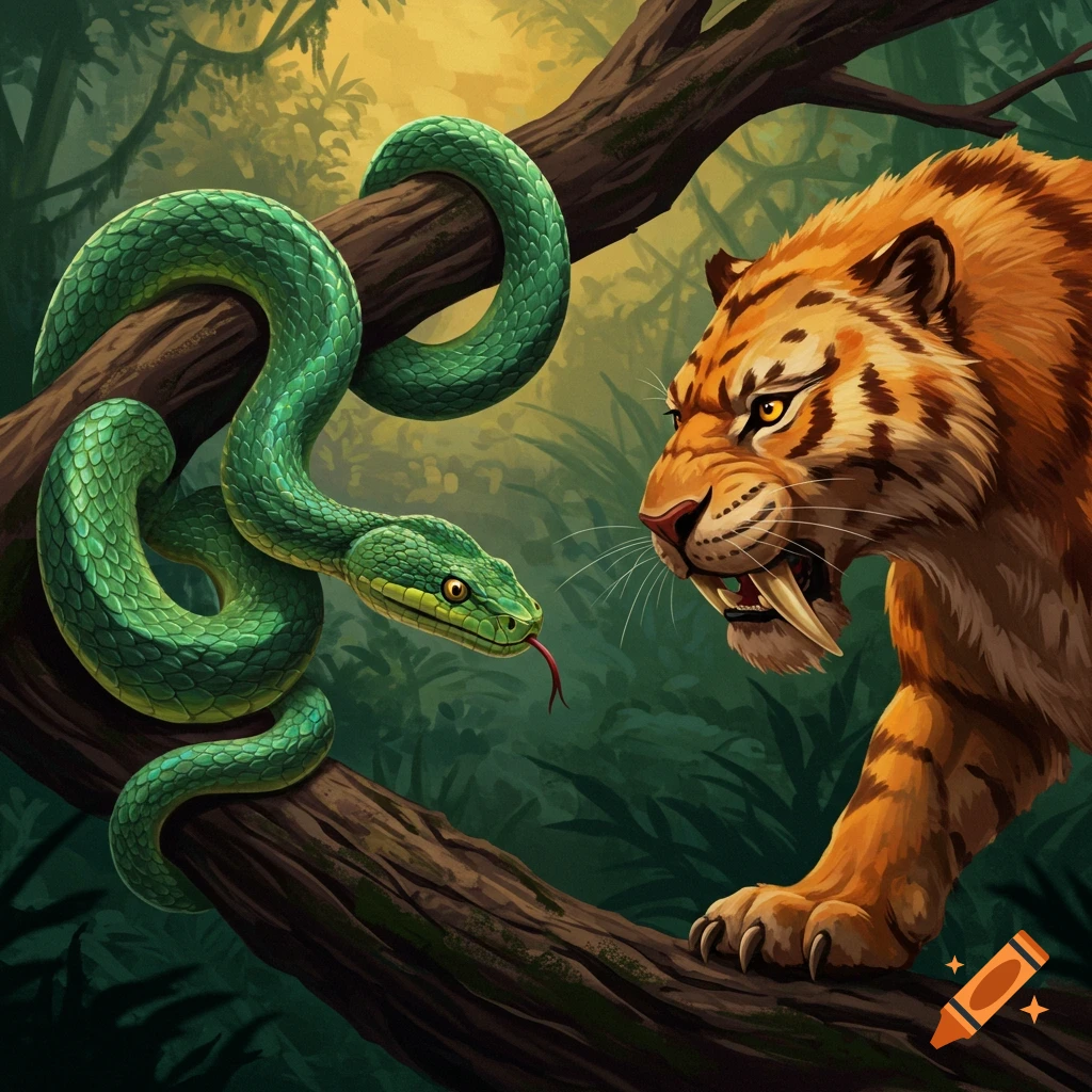 A green snake and a saber-toothed tiger face off on a tree branch in a ...