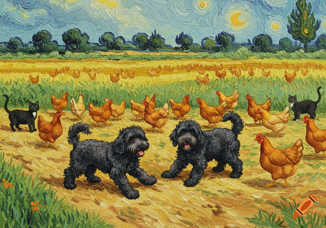 Two black dogs, two cats, and chickens in a field in the style of a Van ...