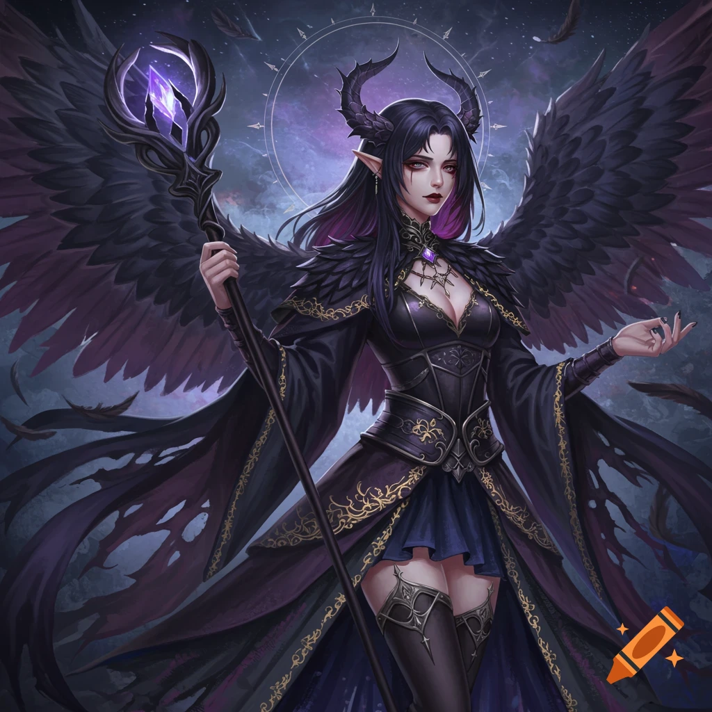Illustration of a gothic fallen angel with dark wings, horns, and staff ...