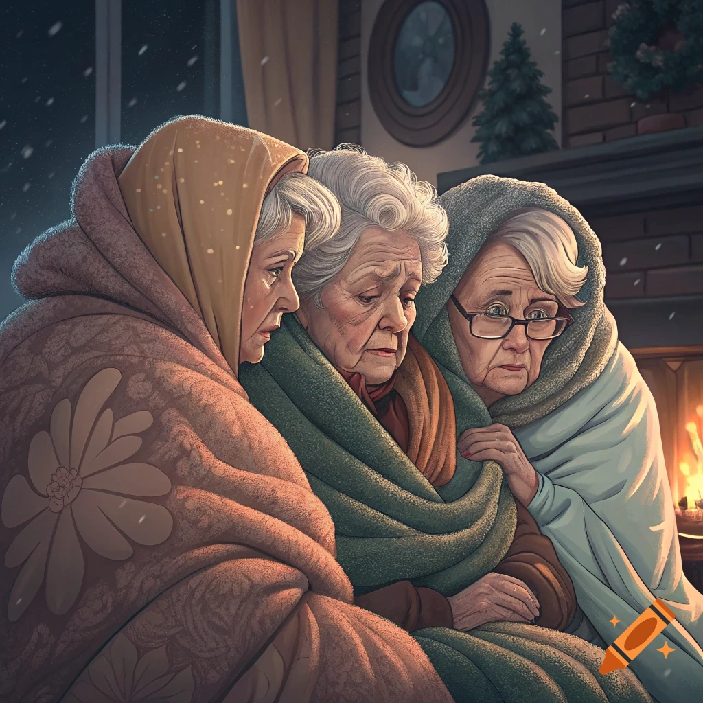 Three elderly women wrapped in blankets huddle together by a fireplace ...