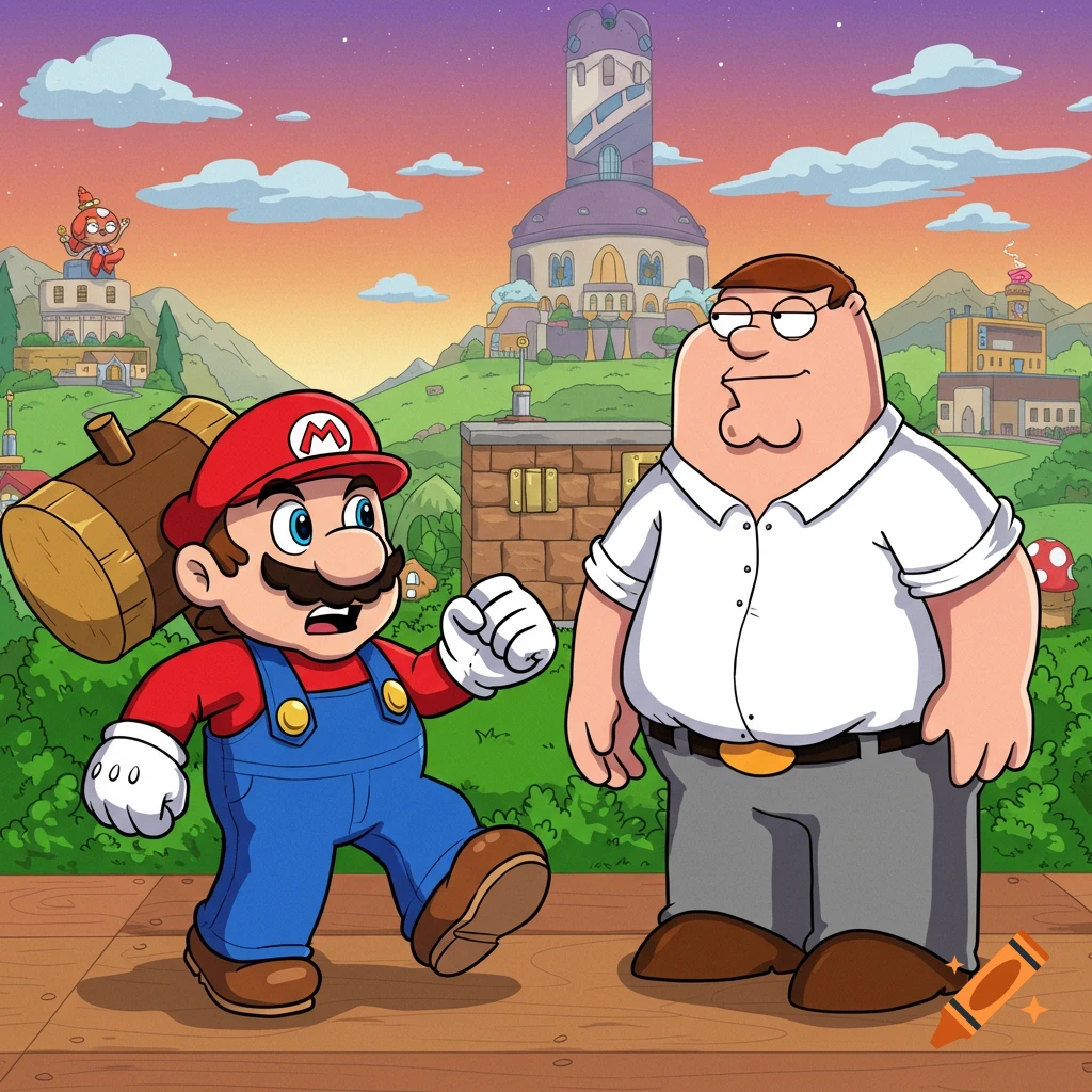 Mario and Peter Griffin stand in a cartoon landscape resembling the ...