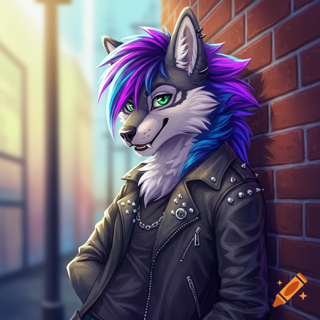 Anthro wolf character with colorful hair in a leather jacket leaning ...