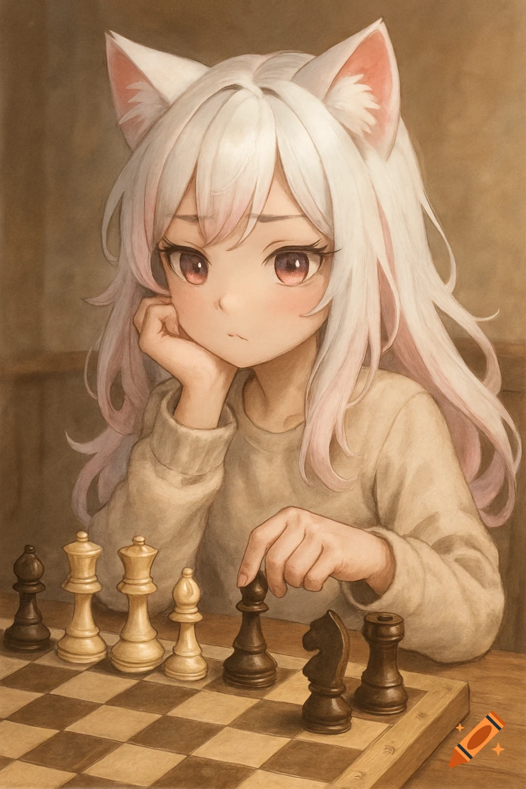 Anime girl with cat ears and white and pink hair playing chess. on Craiyon