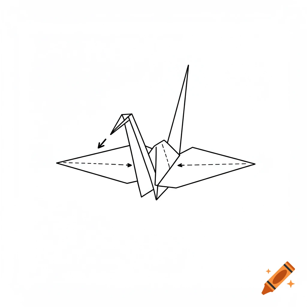 Line drawing of the first step in folding an origami crane diagram on ...