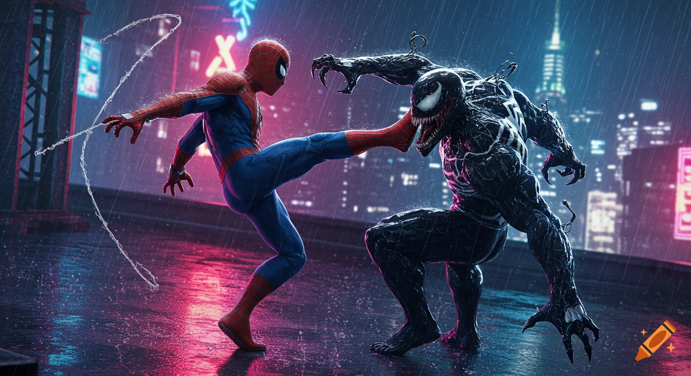 Spider-Man kicks Venom on a rainy rooftop at night with neon lights ...