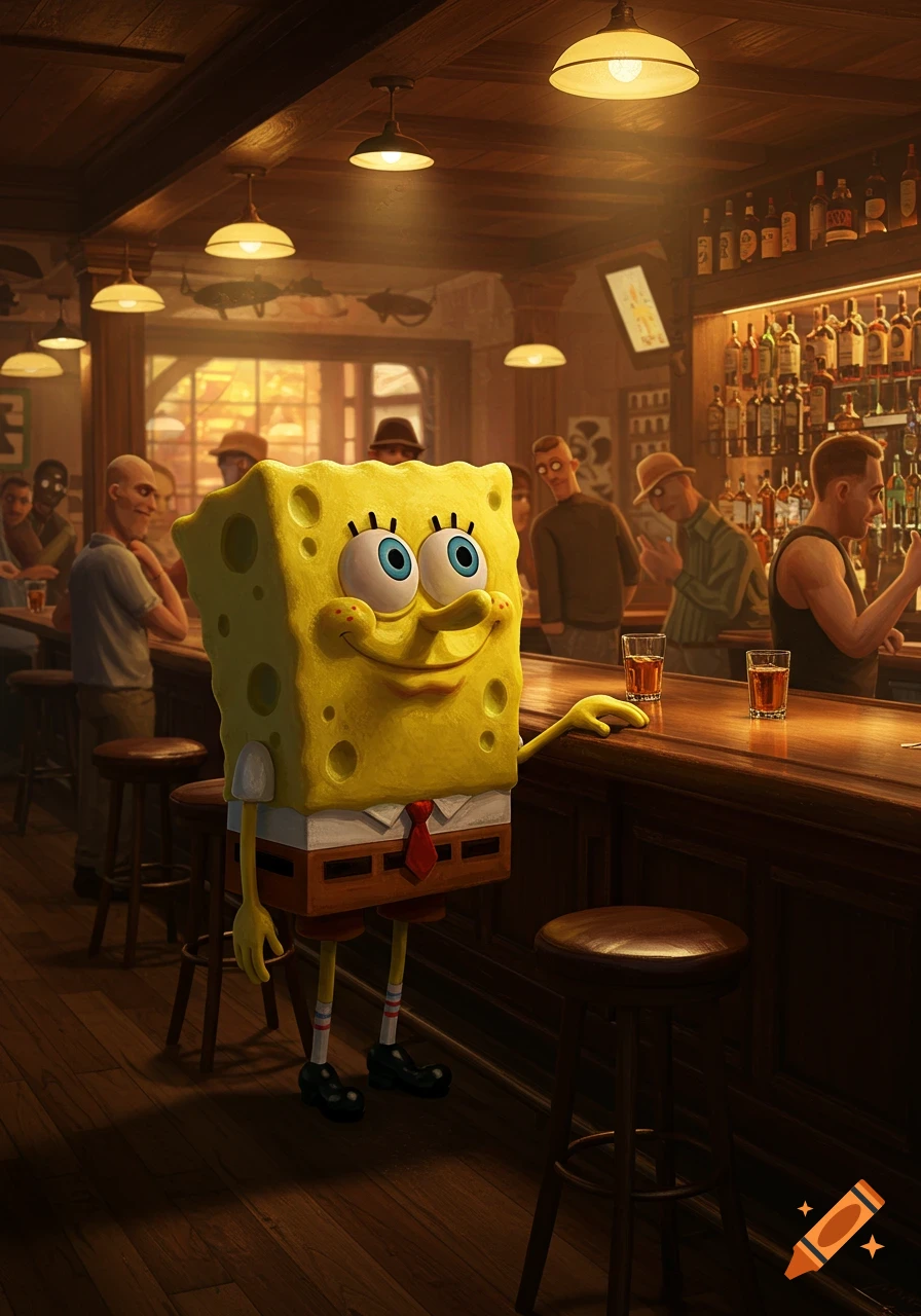 Realistic 3D rendering of Spongebob Squarepants standing at a bar. on ...
