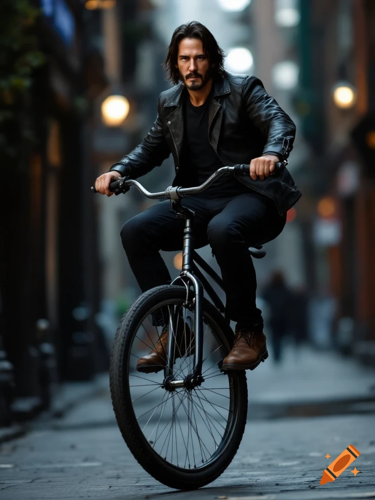 Keanu Reeves rides a modified bicycle on its front wheel through a city ...