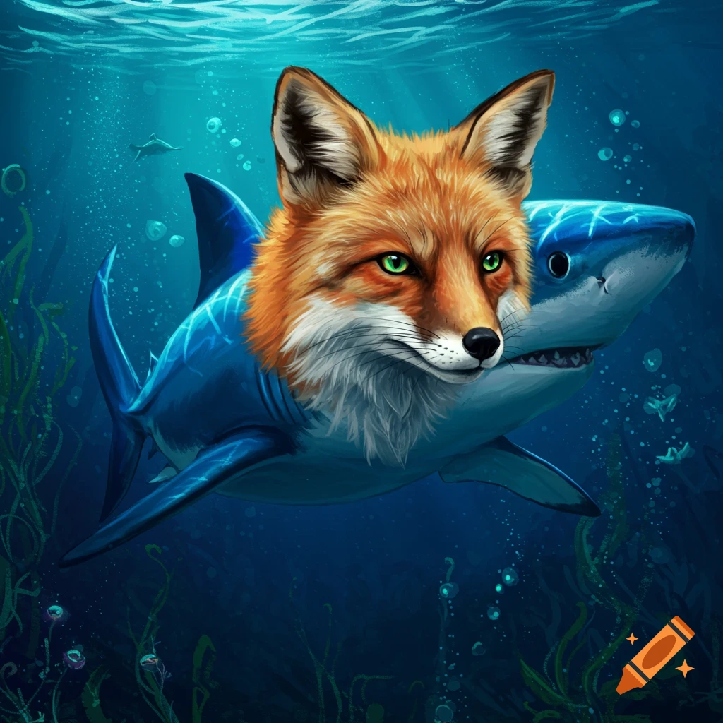 Illustration of a creature with a fox head on a shark body swimming ...