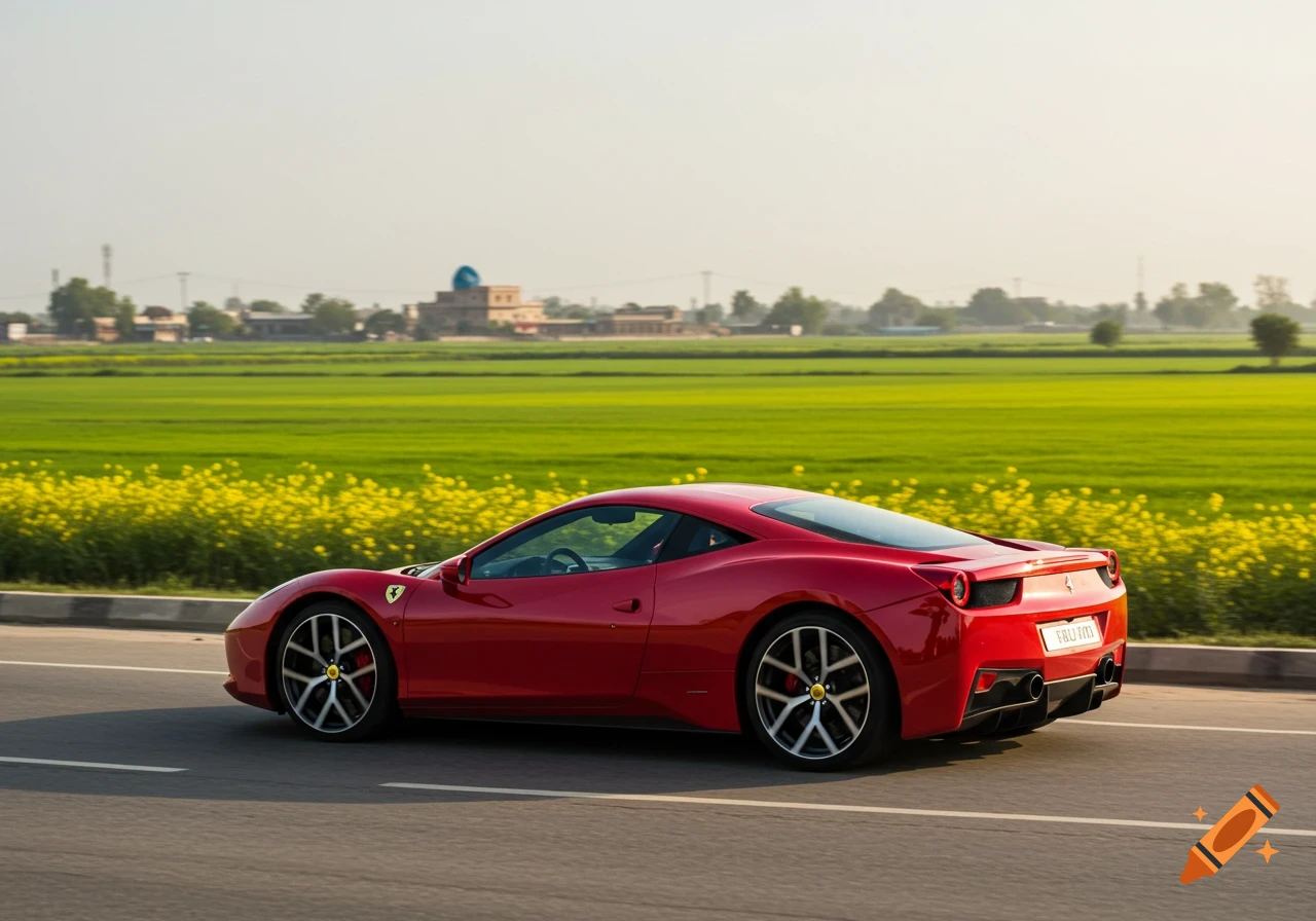 A red Ferrari drives on a road next to a green field with yellow ...