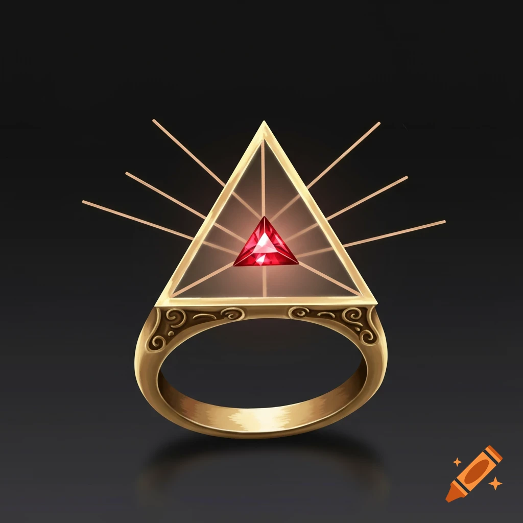 Golden ring with a glowing triangle symbol, red gem, and light rays on ...