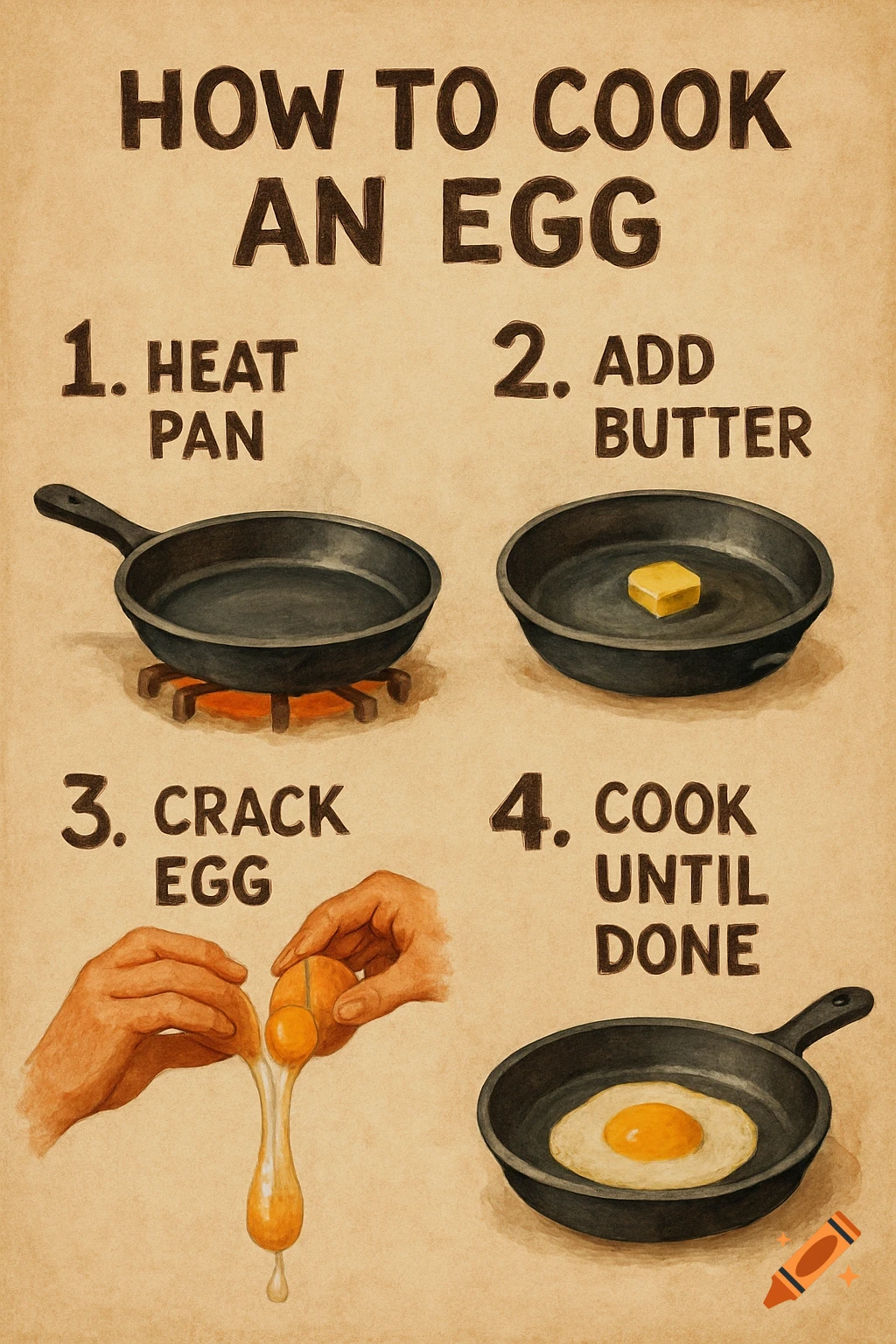 Illustrated guide showing four steps to cook an egg in a pan. on Craiyon