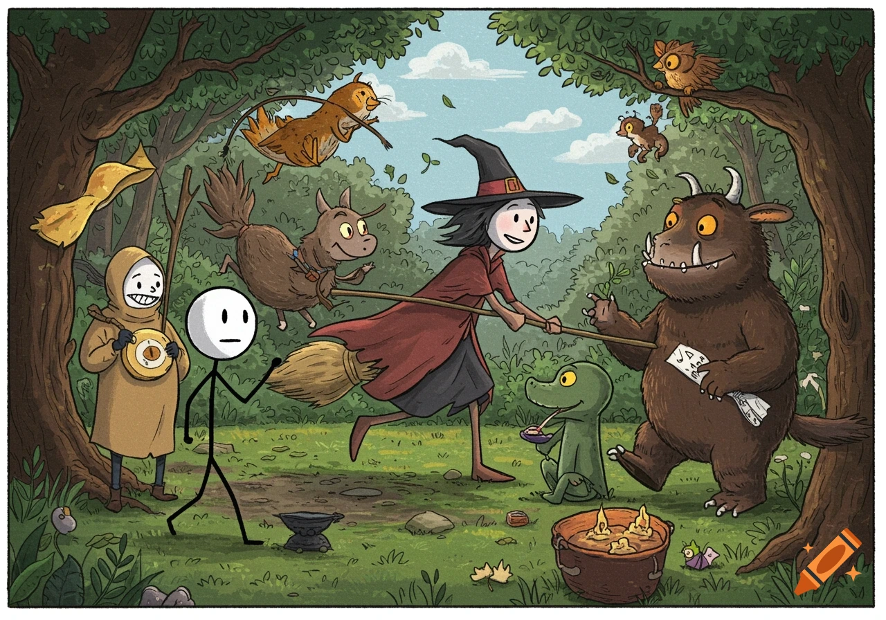 Cartoon illustration of a stickman, witch, Gruffalo-like monster, and ...
