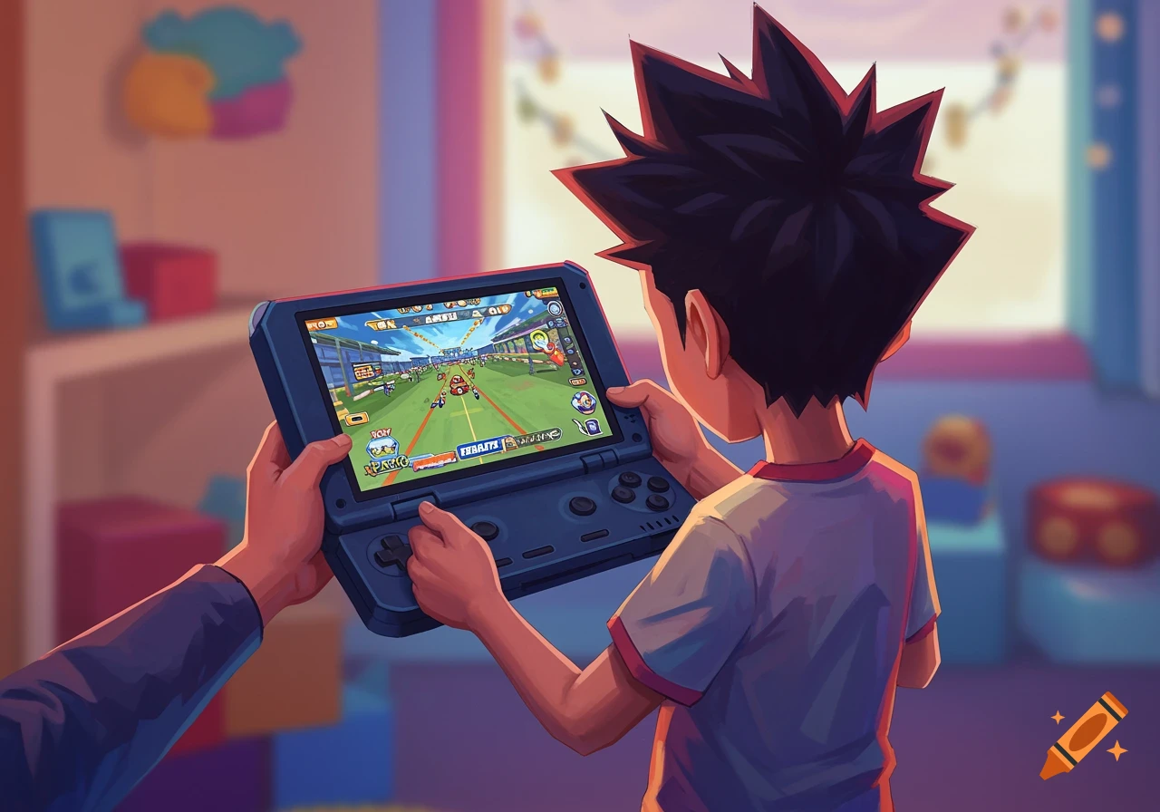 Anime illustration of a kid playing a handheld video game on Craiyon
