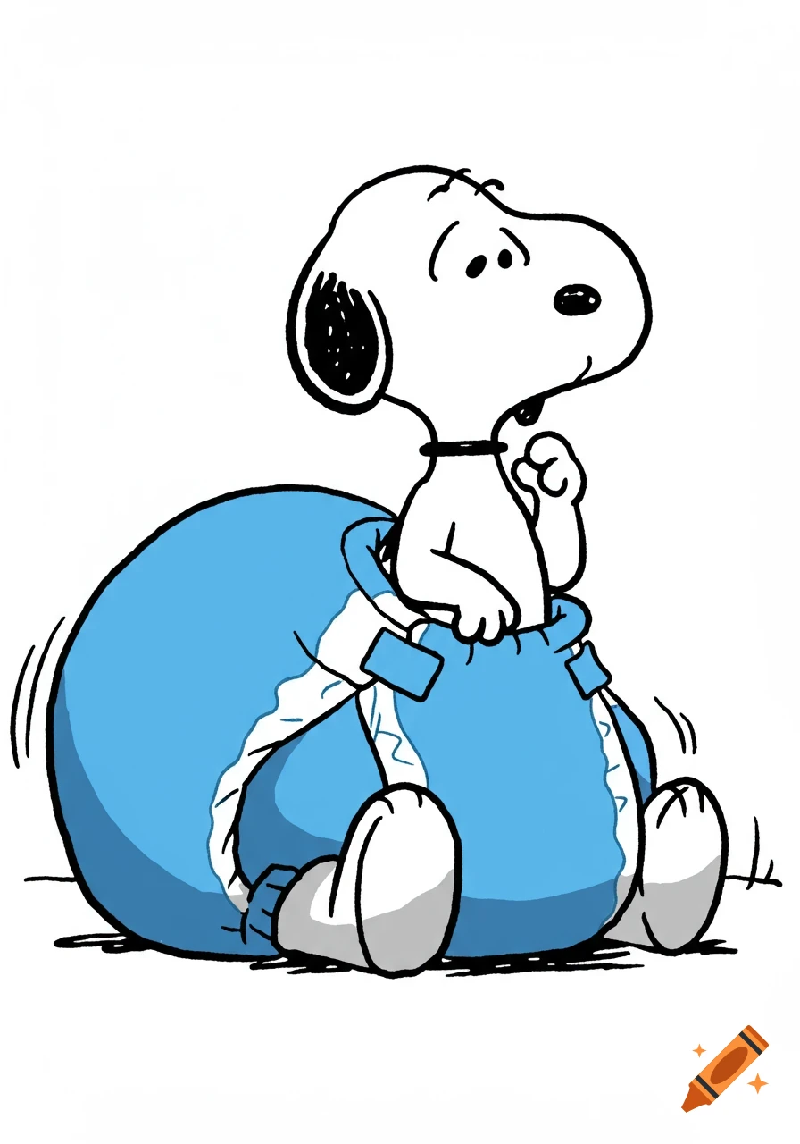 Snoopy the dog sits wearing a large blue cartoon diaper on Craiyon