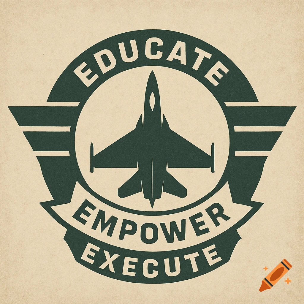 Military aviation logo with jet silhouette and text Educate Empower ...