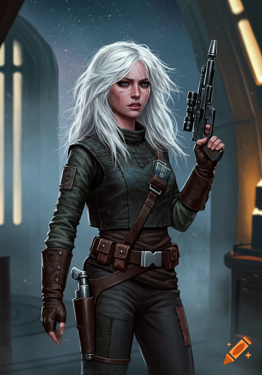 A female character with white hair and a scarred face, dressed as a sci ...