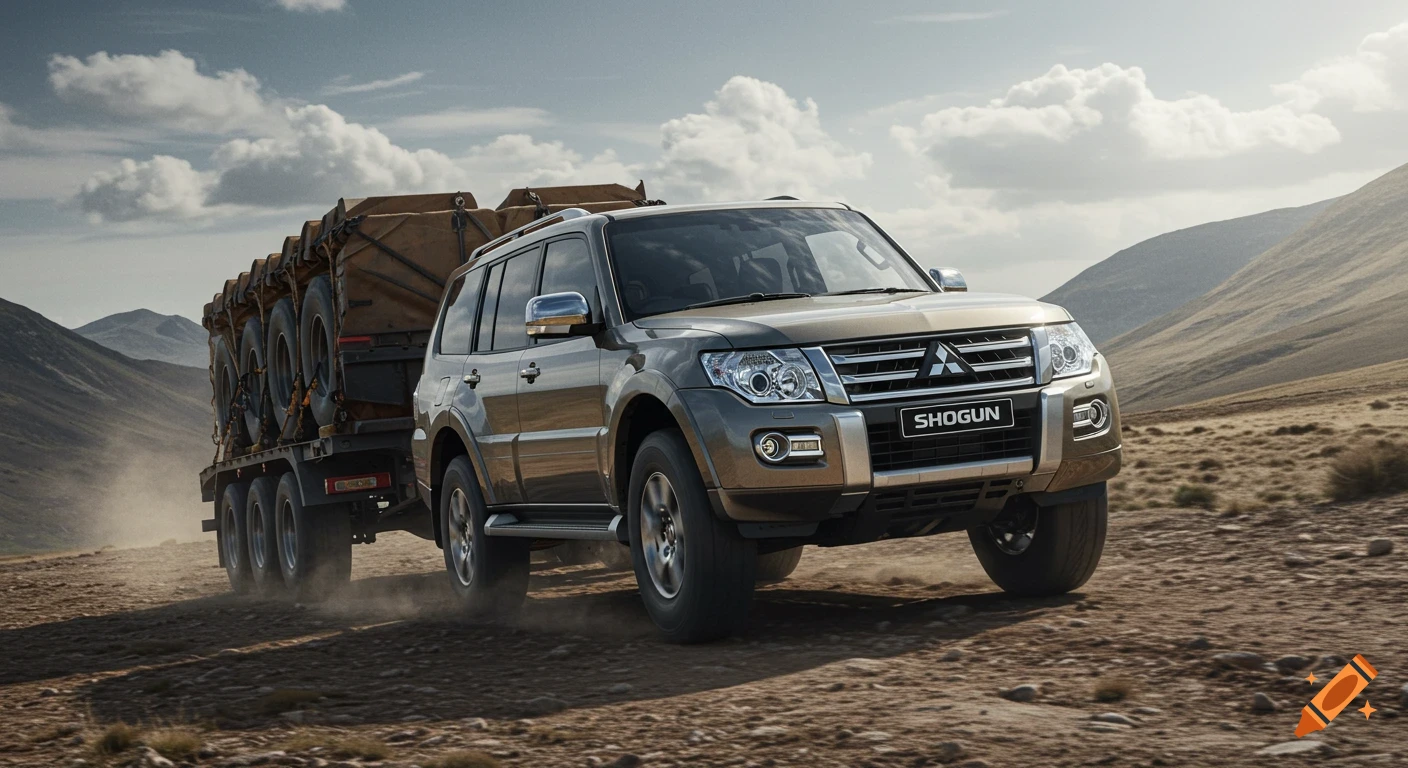 A tan Mitsubishi Shogun SUV pulls a large trailer loaded with tires on ...