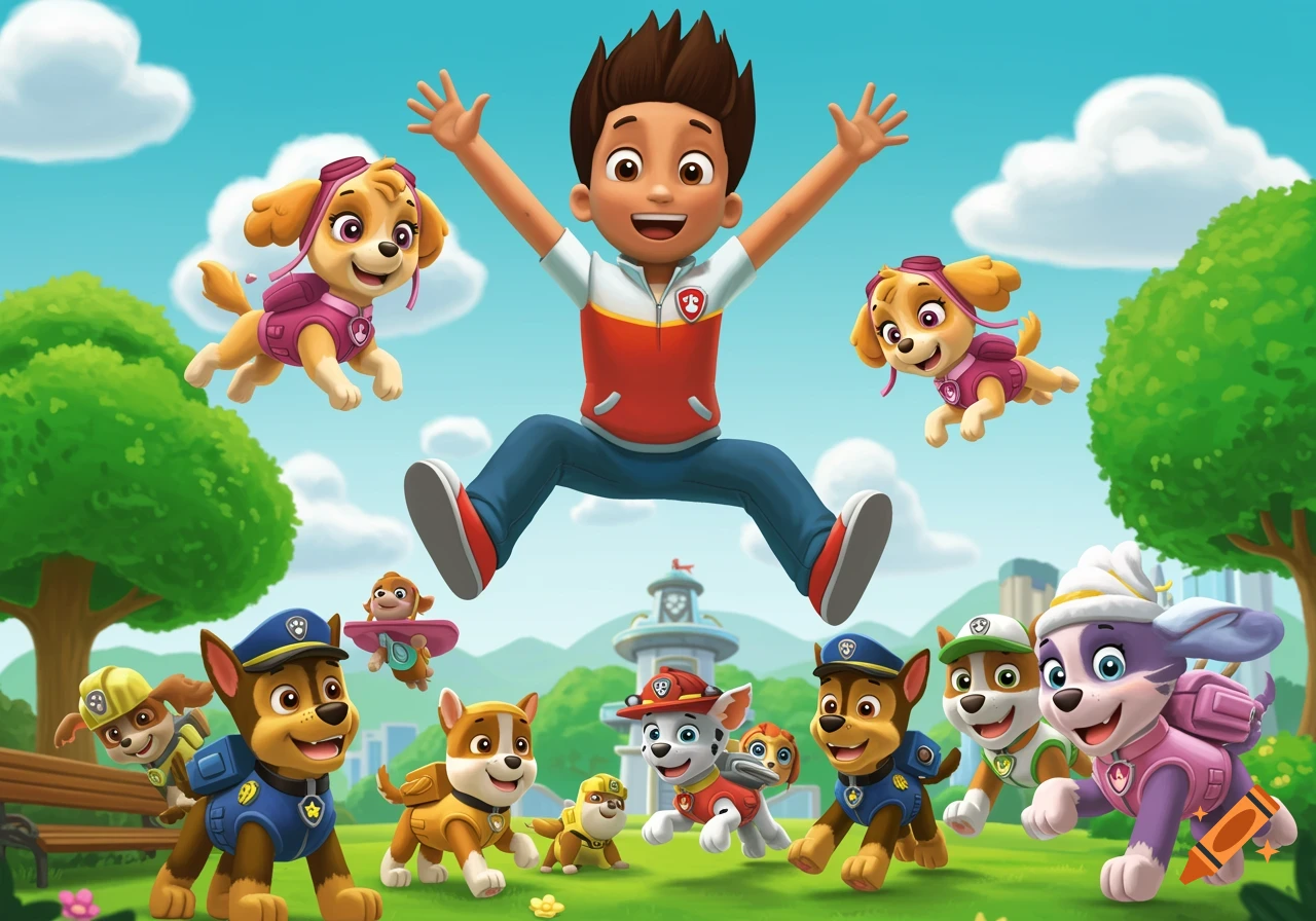 Ryder and several Paw Patrol pups jump and run in a park setting. on ...