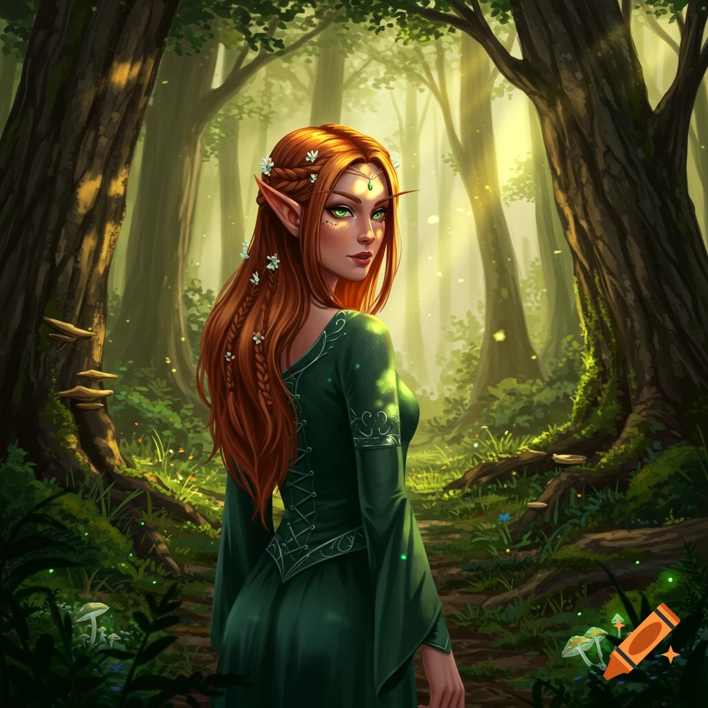 A beautiful female elf with red hair stands on a path in a sunlit ...