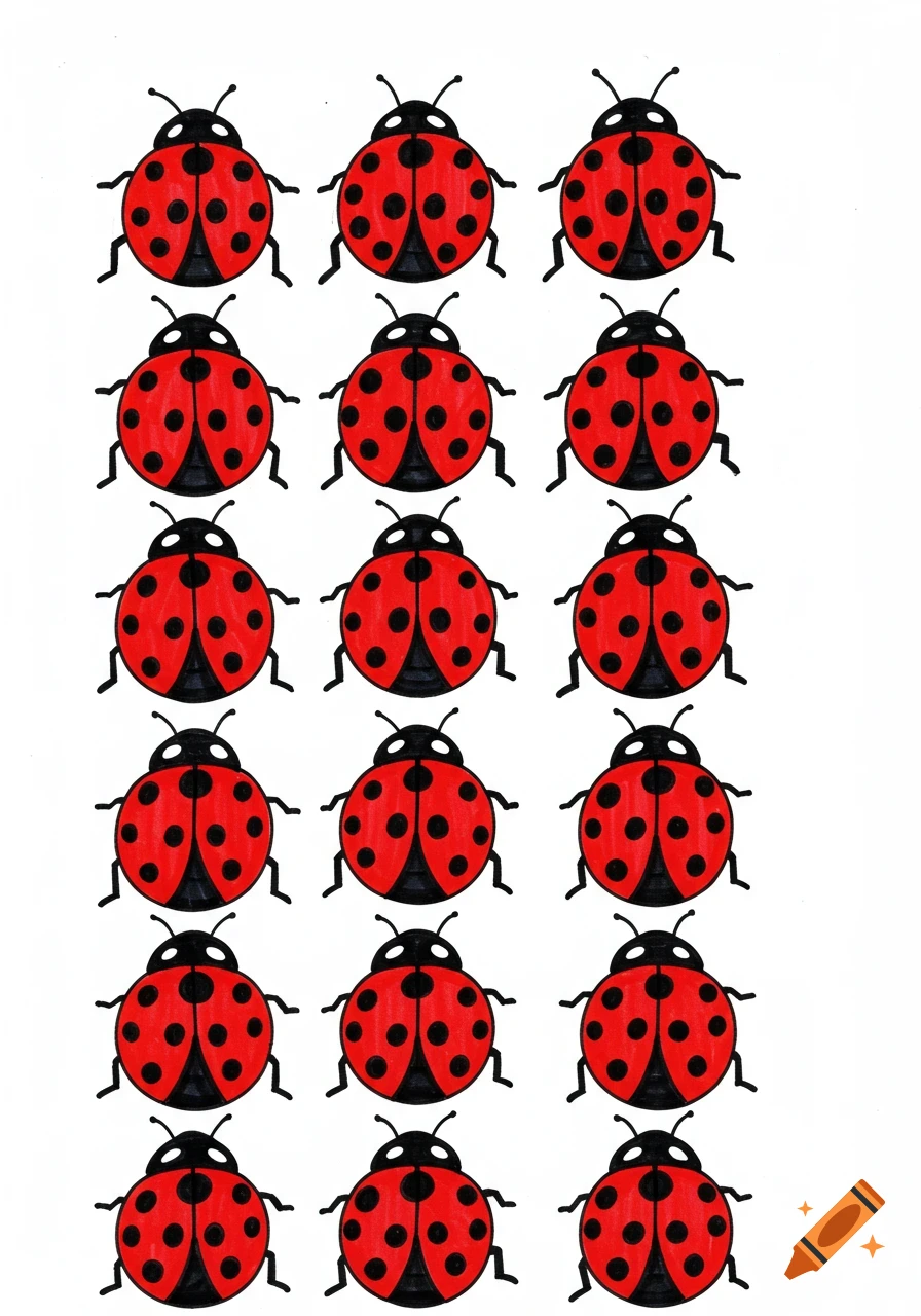 Multiple red and black cartoon ladybugs drawn with marker on a white ...