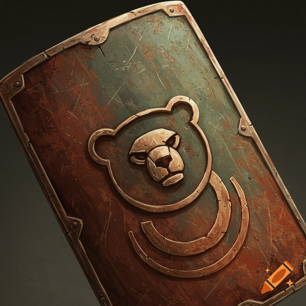 A close-up of a rusted rectangular shield with a stylized bear head ...