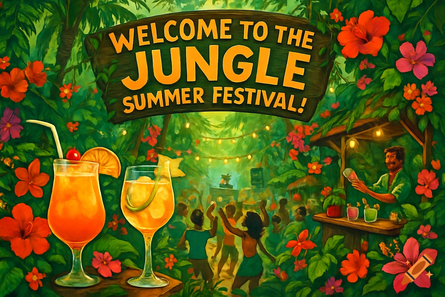 Vibrant jungle summer festival illustration with cocktails in ...