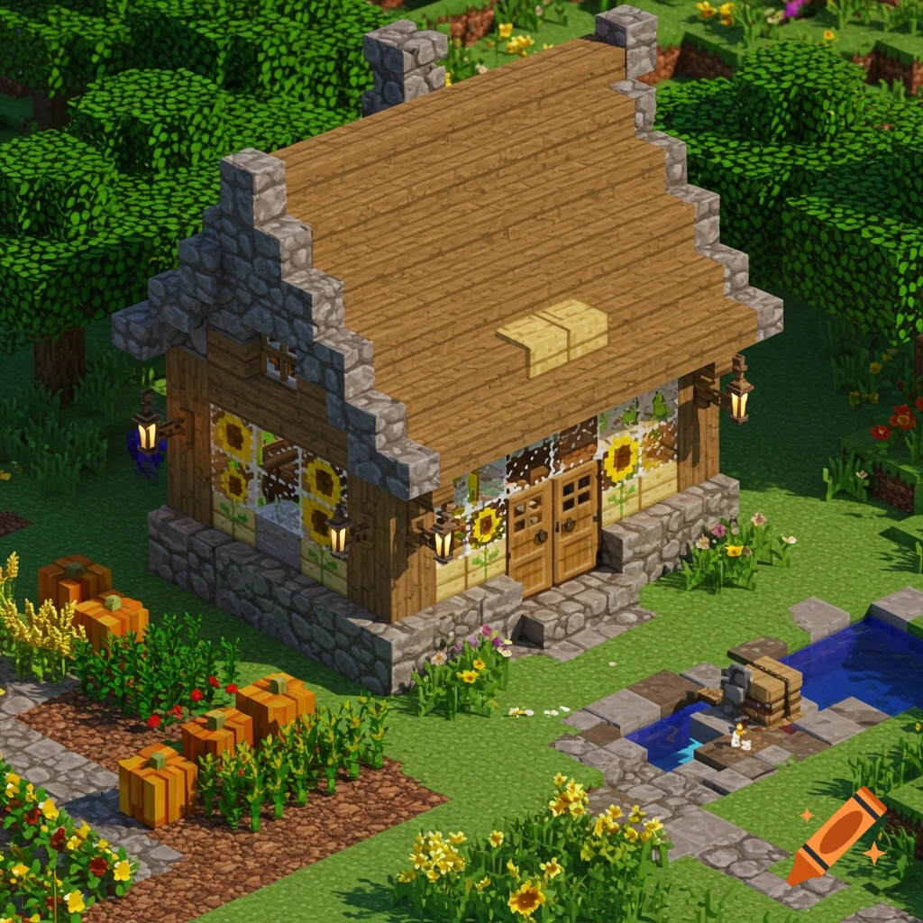 A blocky Minecraft farming shed with a pumpkin patch, crops, a small ...