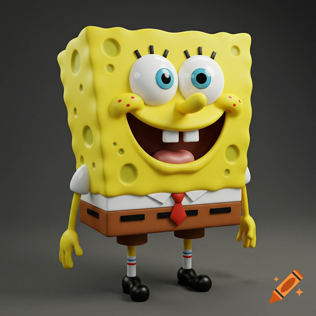 3D rendering of SpongeBob SquarePants smiling. on Craiyon