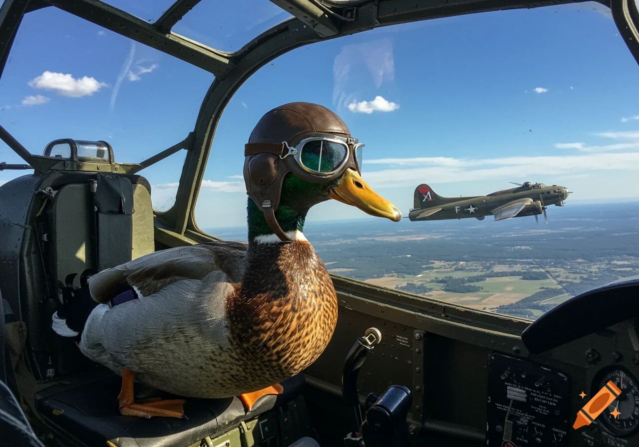 A photorealistic image of a mallard duck wearing goggles and a helmet ...