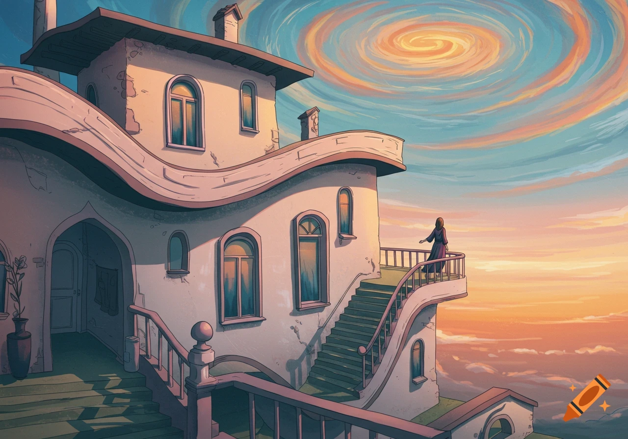 A person stands on the balcony of a surreal, wavy house, looking at a ...