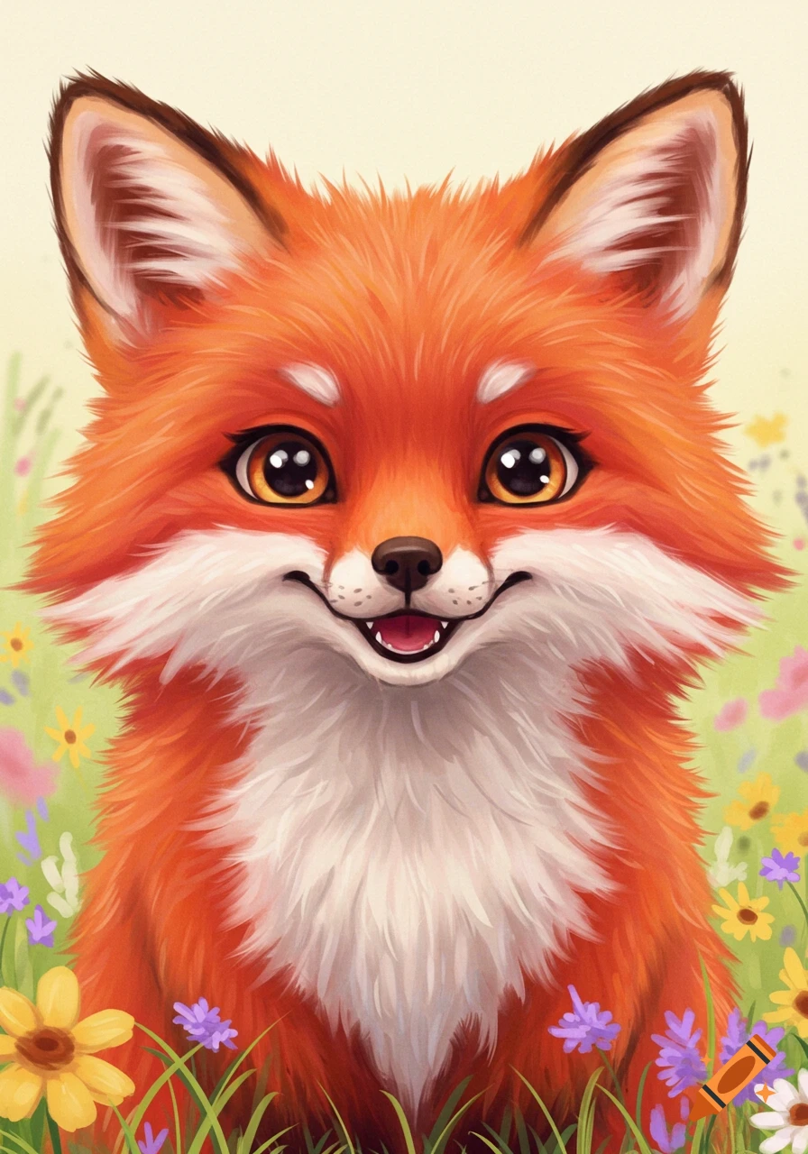 A cute, fluffy orange fox with big eyes smiles, surrounded by colorful ...