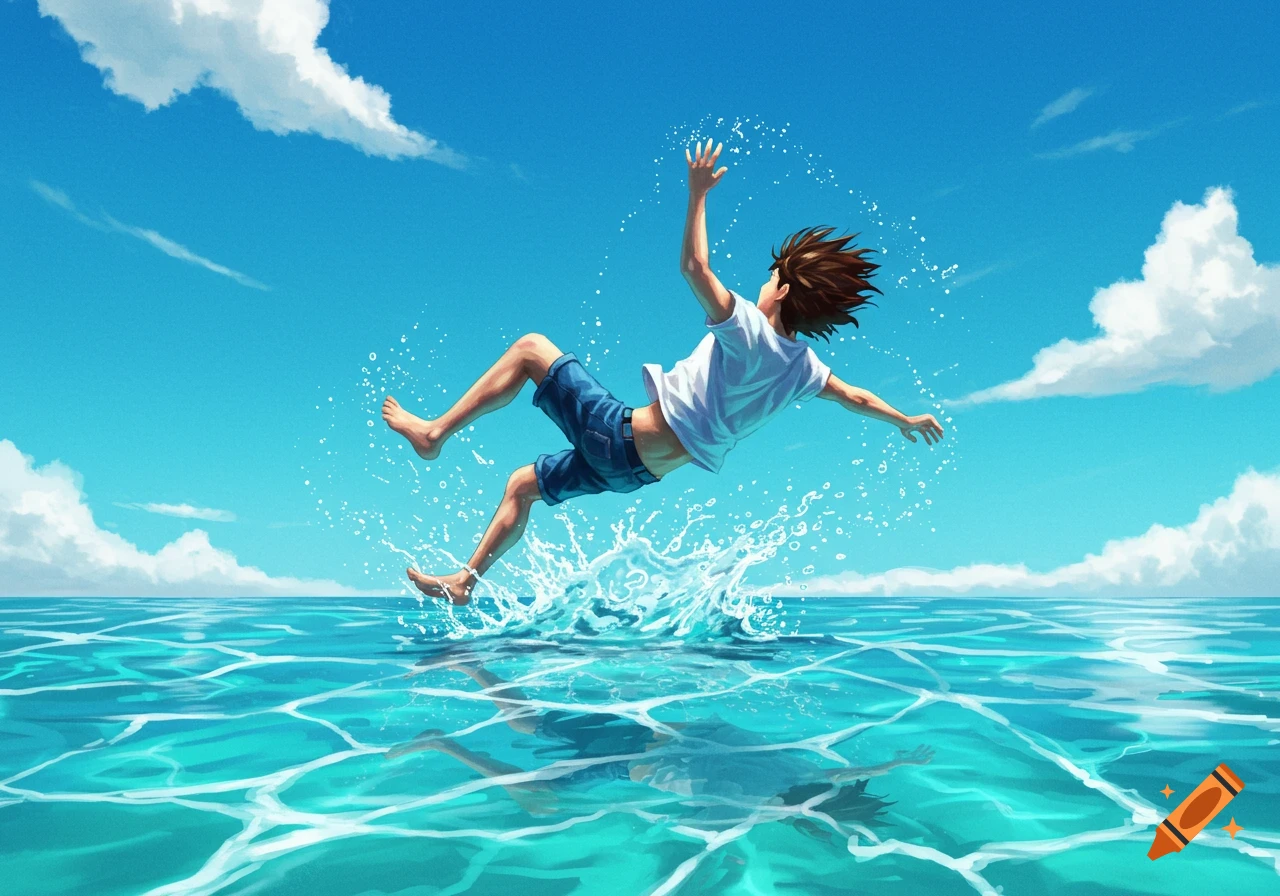 Anime illustration of a person falling backward into bright blue water ...